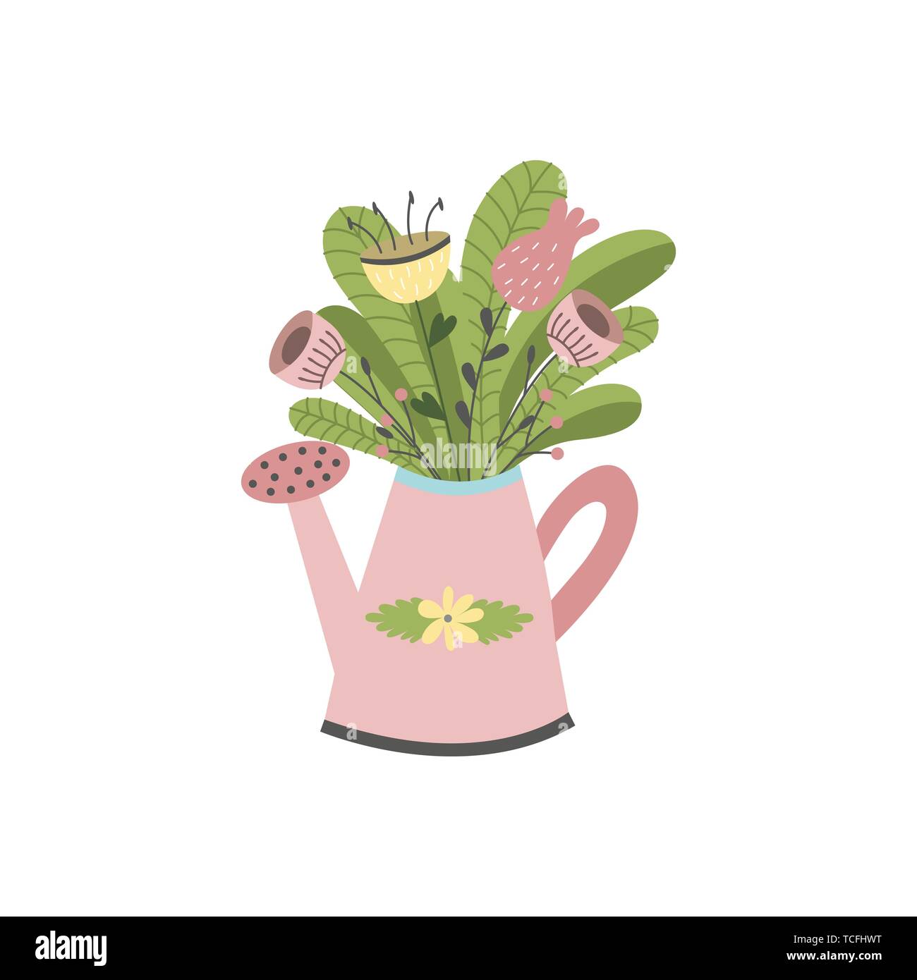 Beautiful spring flowers in a watering can. Spring background. Vector ...
