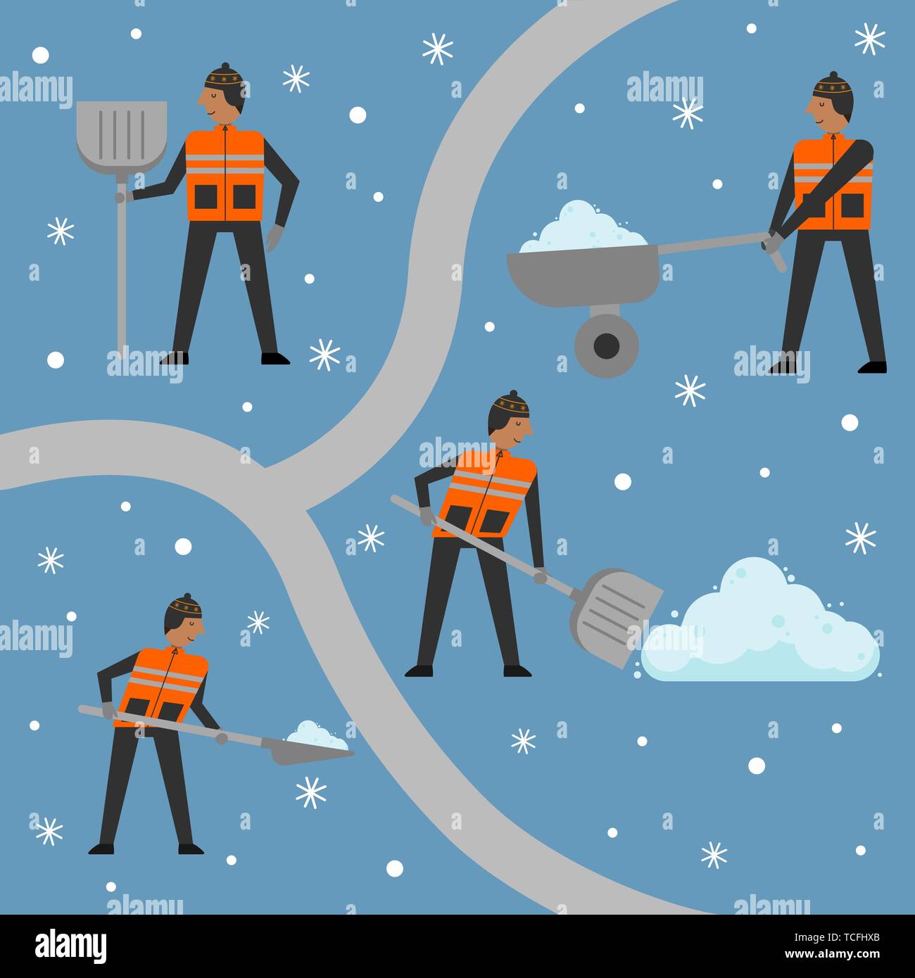 Set of men with shovels and wheelbarrow ready to clean the snow. Snow ...