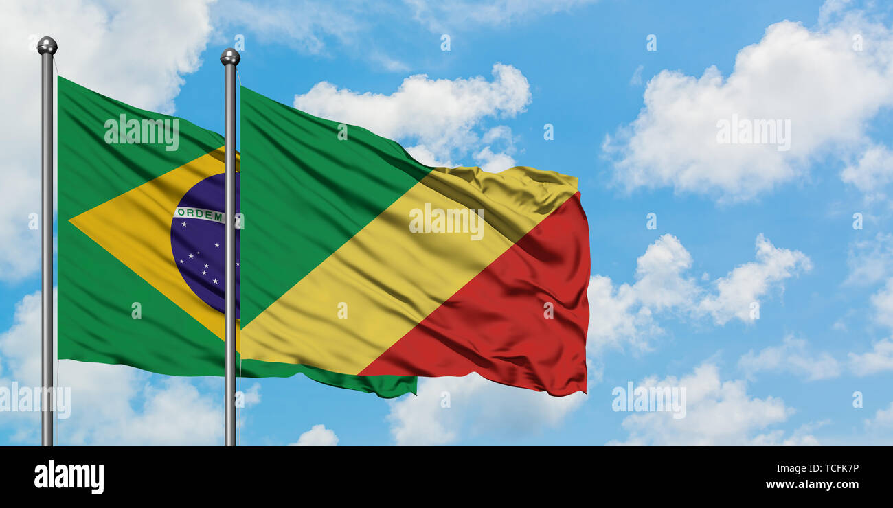 Brazil and Republic Of The Congo flag waving in the wind against white ...