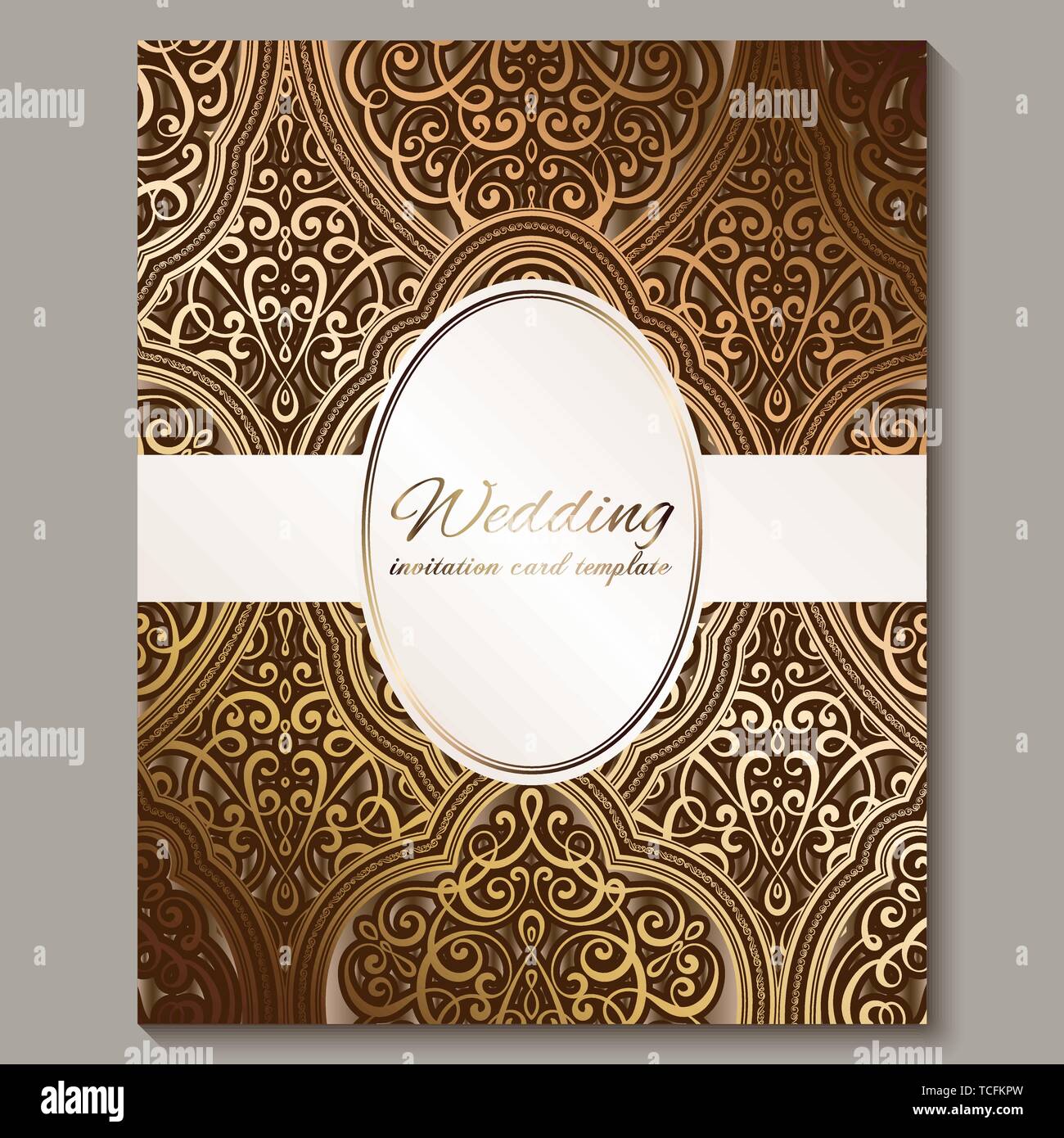 Wedding invitation card with bronze and gold shiny eastern and baroque ...