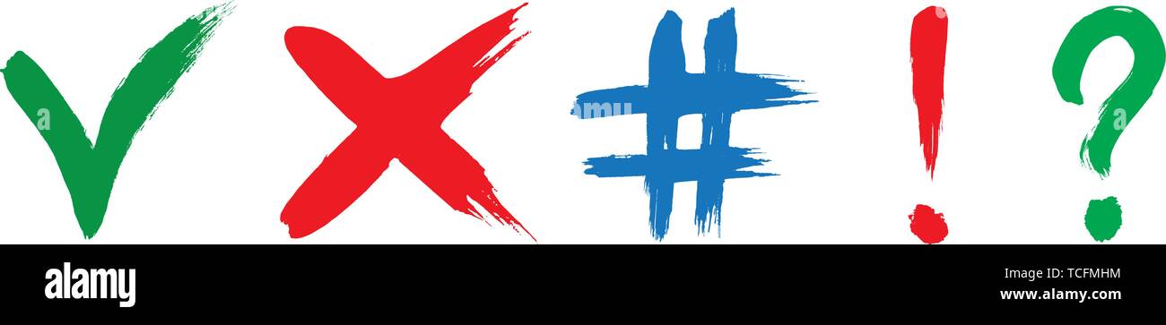 Vector illustration set of brush painted icons and symbols, question ...