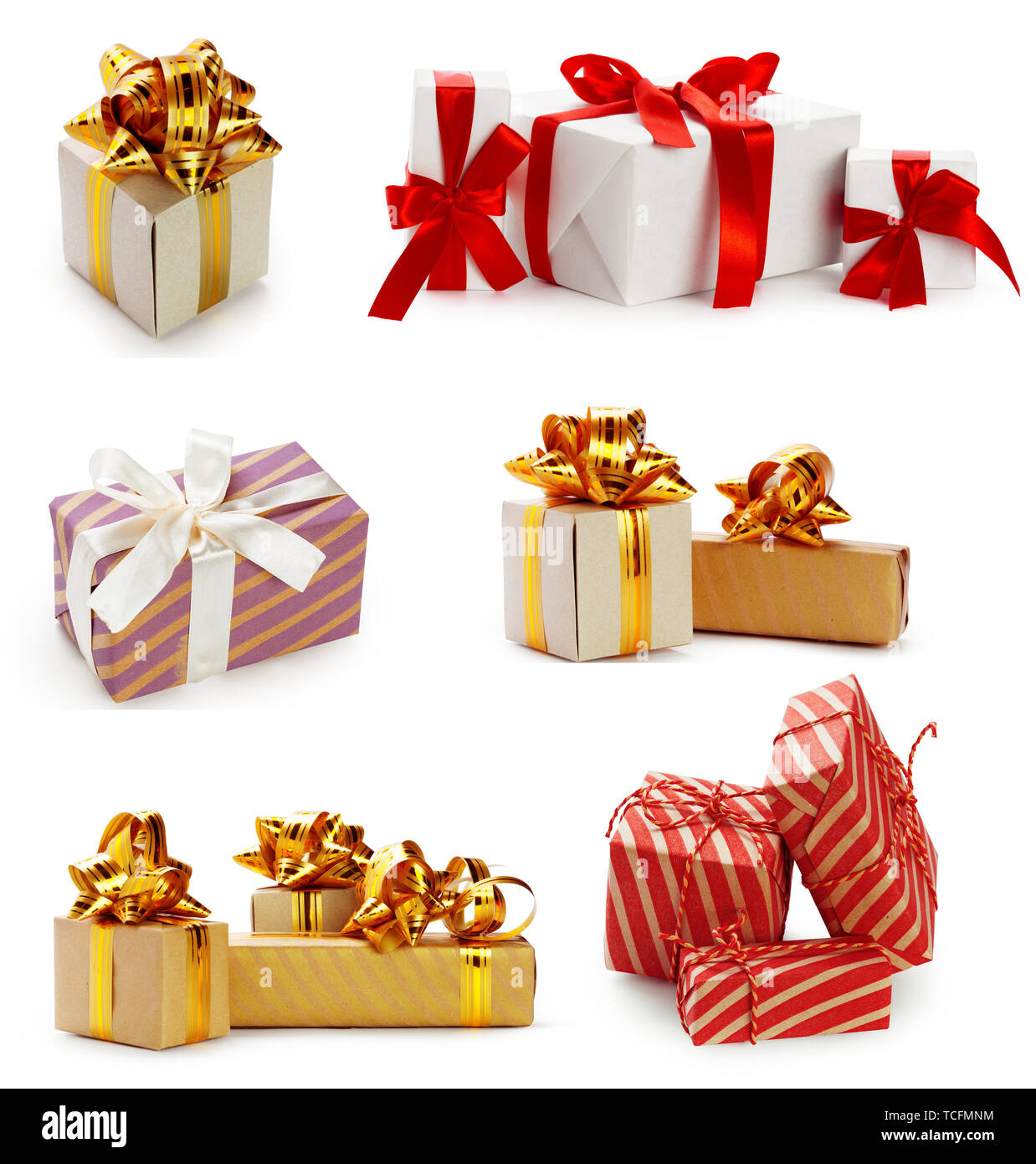 Beautifully wrapped gift boxes on white background Stock Photo - Alamy