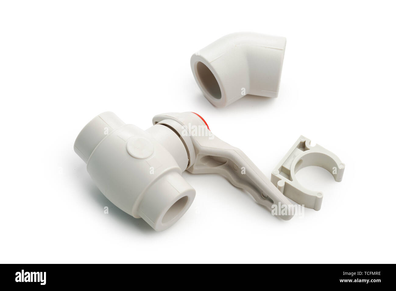 Set of metal-plastic plumbing couplings, adapters, plugs isolated on ...