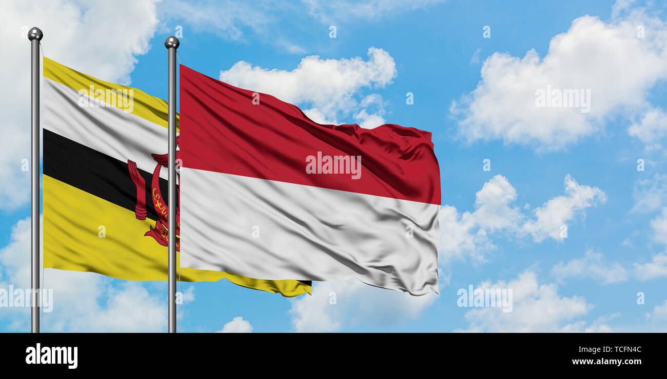 Brunei and Indonesia flag waving in the wind against white cloudy blue ...