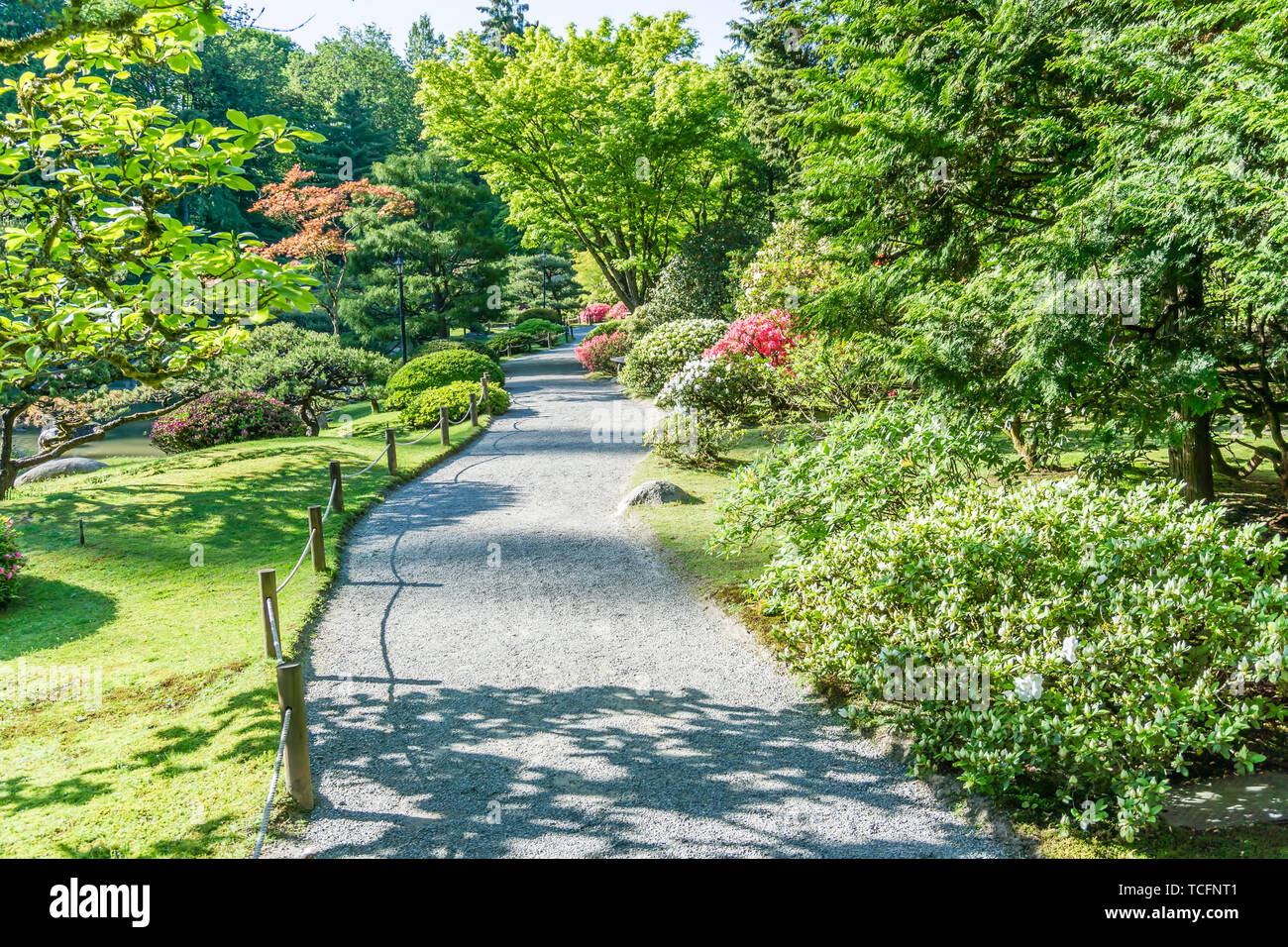 A view of a walkway in a garden in Seattle, Washington. It is ...