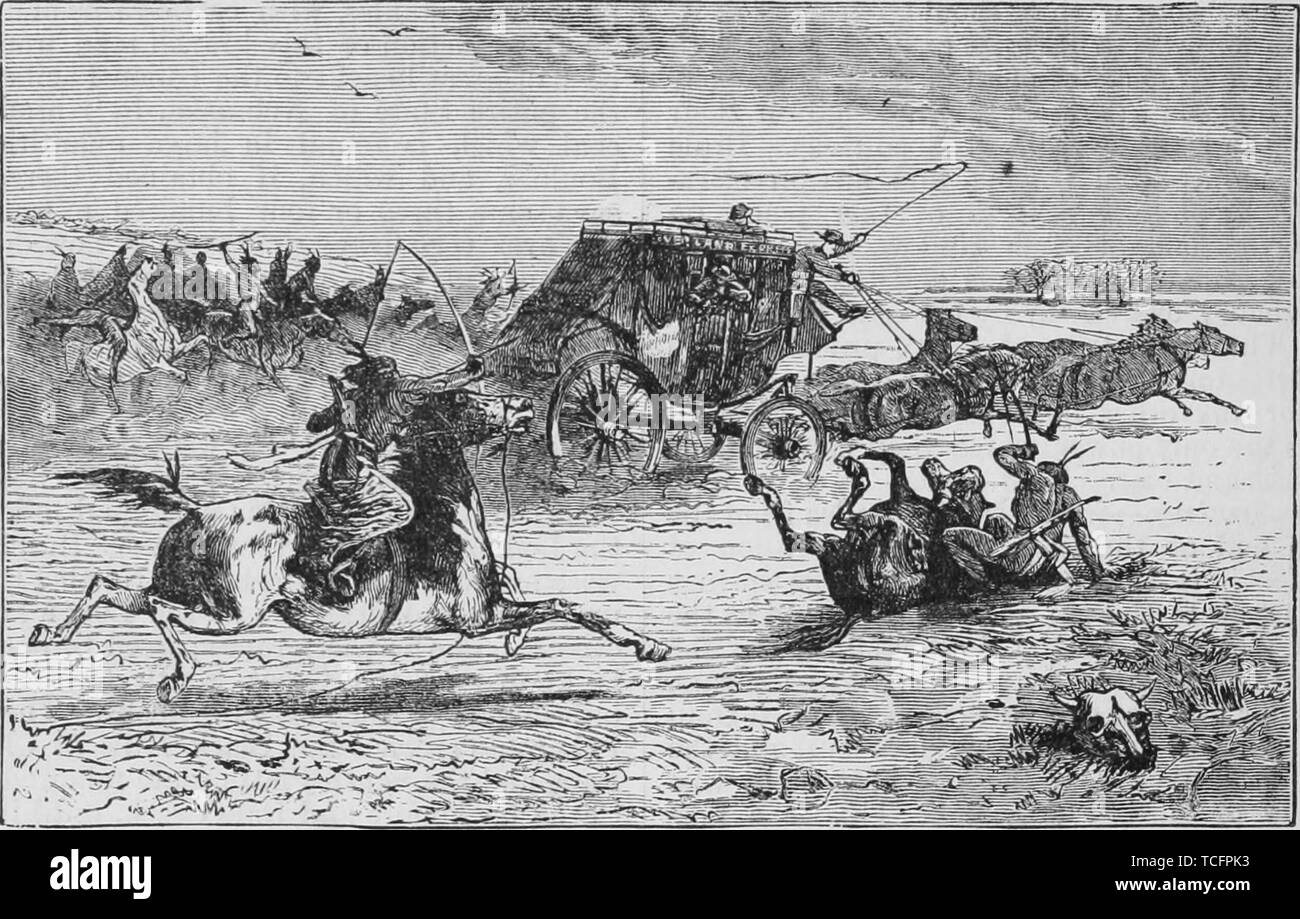 Engraving of the Indian attack on the Overland Express stage, from the ...