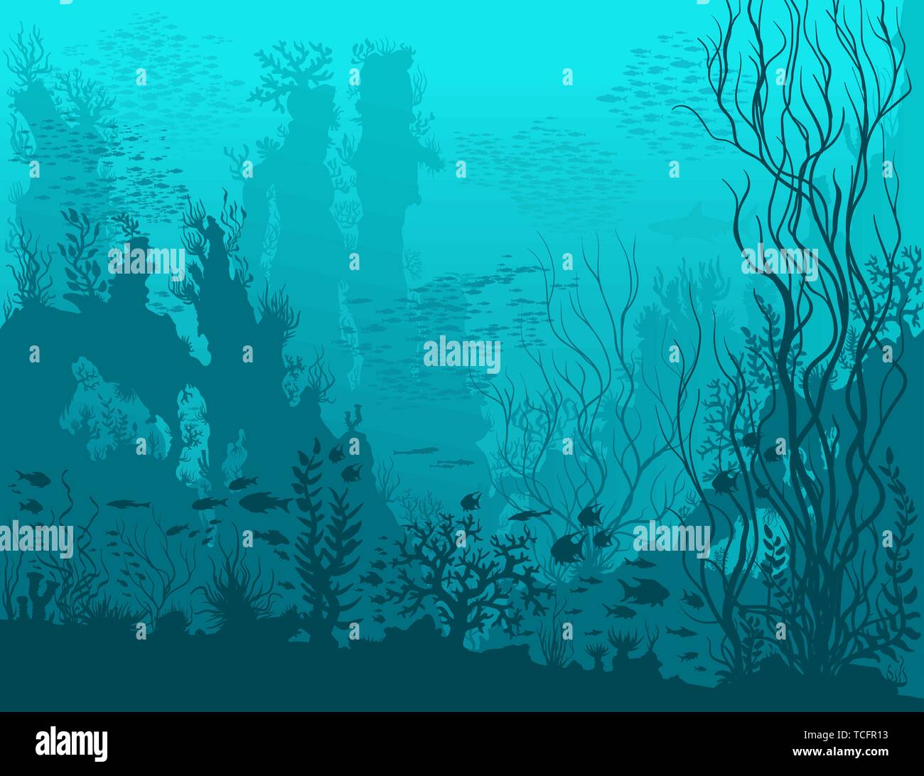 Blue Underwater vector landscape with fishes and corals Stock Vector ...