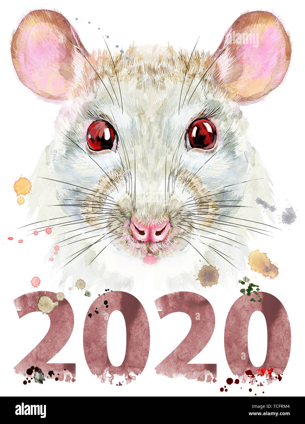 Cute white rat for t-shirt graphics. Watercolor rat illustration with ...