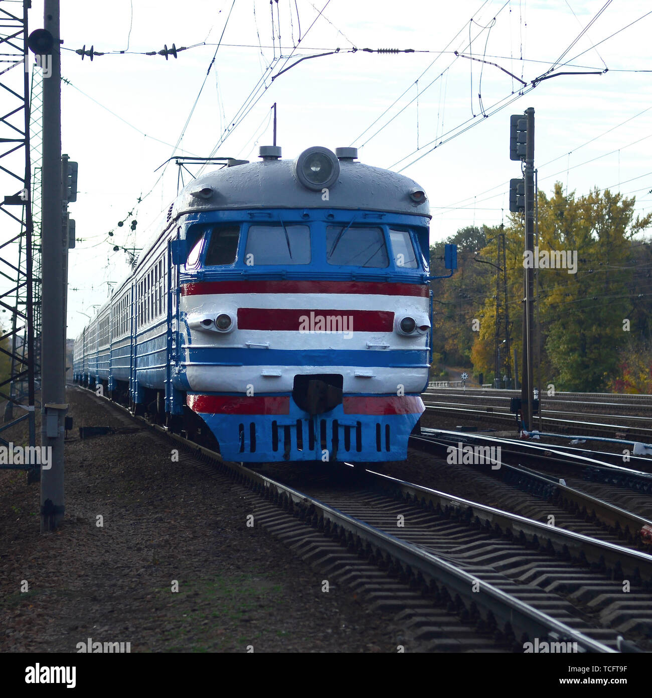 Suburban electric train. Old soviet electric train with outdated design ...