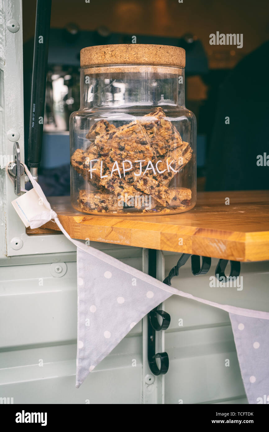 Flapjacks in a jar on a food stall at RHS Chatsworth flower show 2019 ...