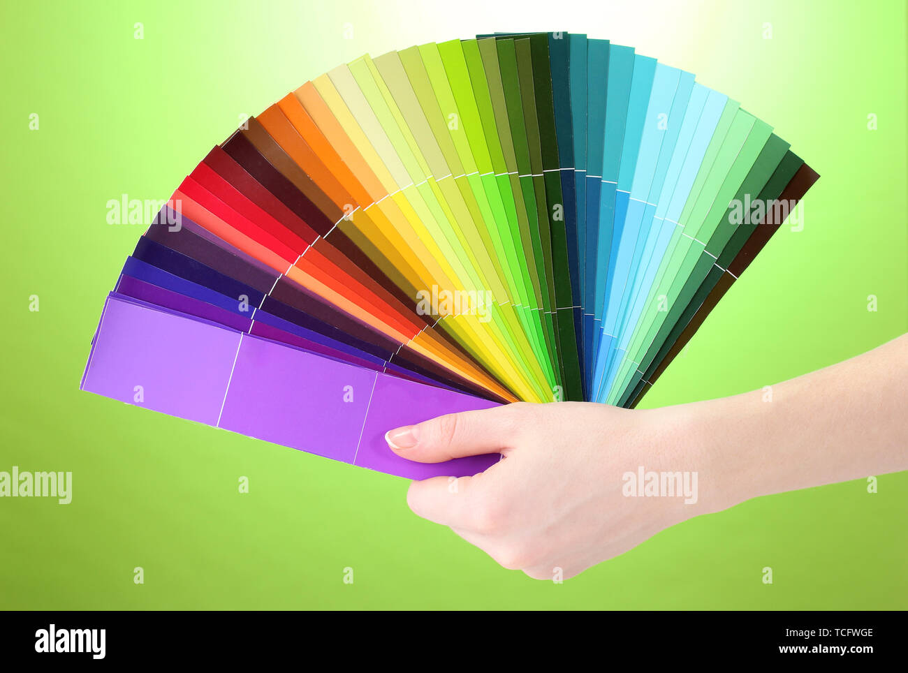 hand holding bright palette of colors on green background Stock Photo ...