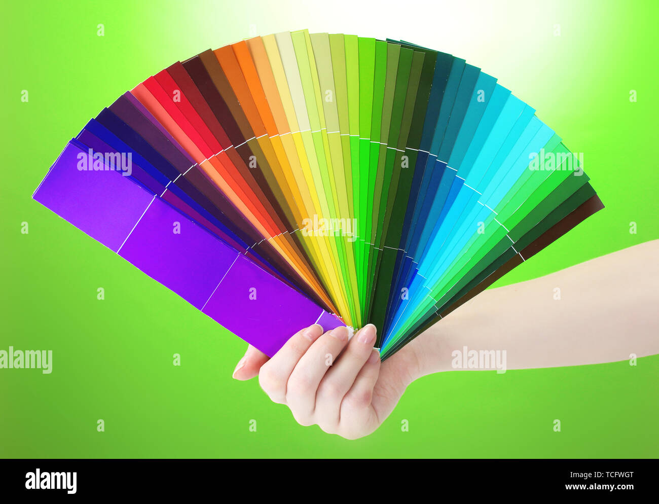 hand holding bright palette of colors on green background Stock Photo ...
