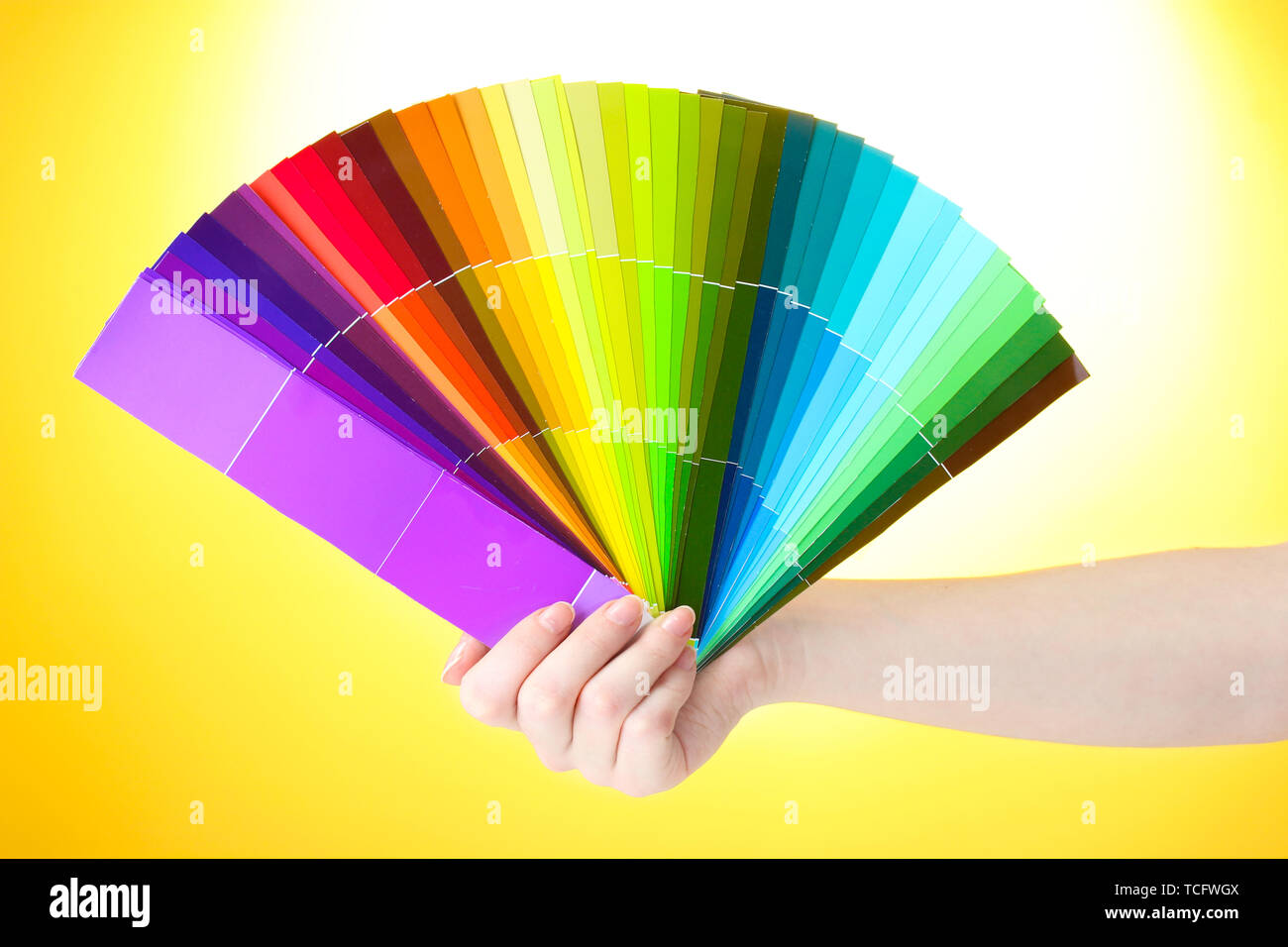 hand holding bright palette of colors on yellow background Stock Photo ...