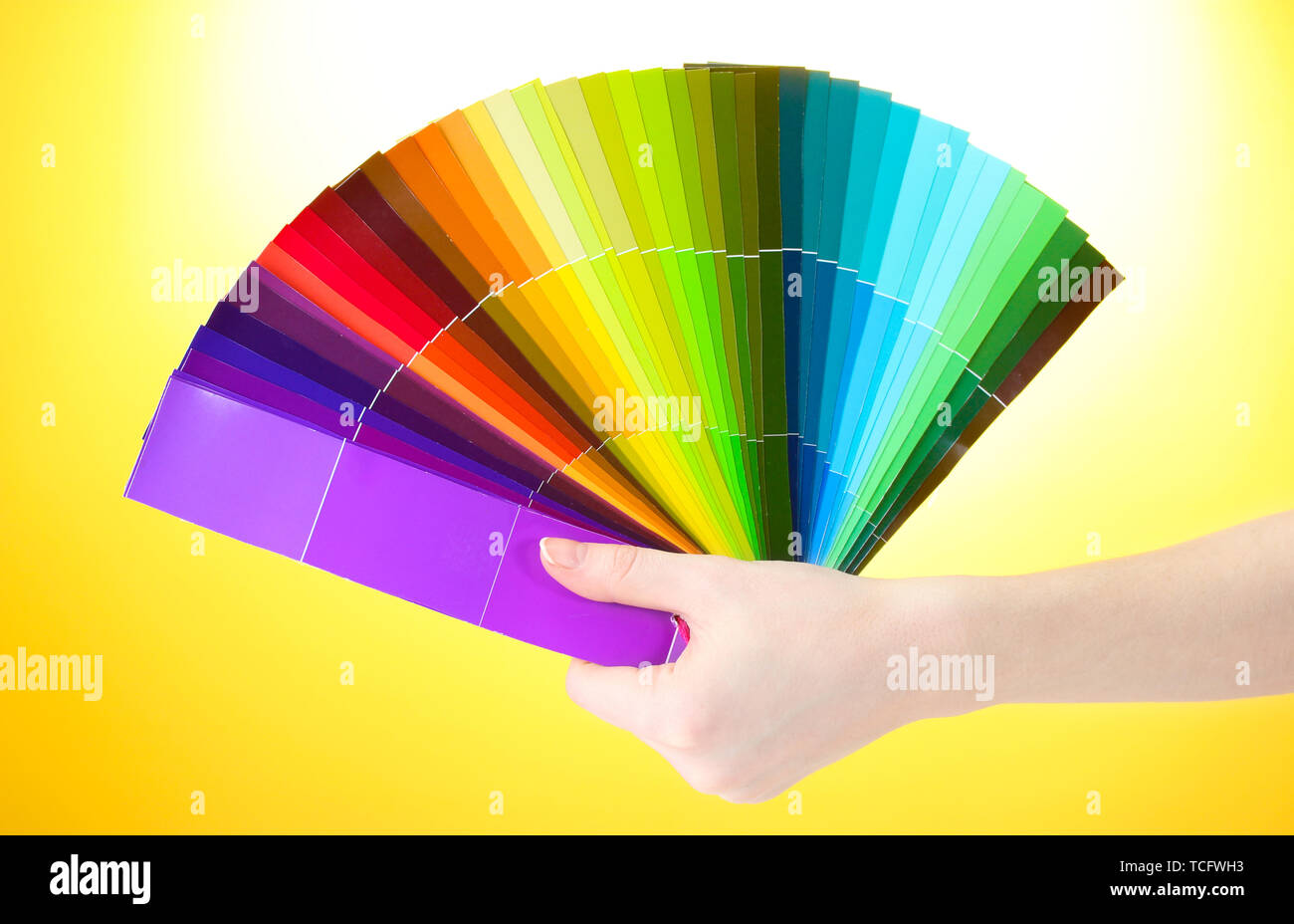 hand holding bright palette of colors on yellow background Stock Photo ...