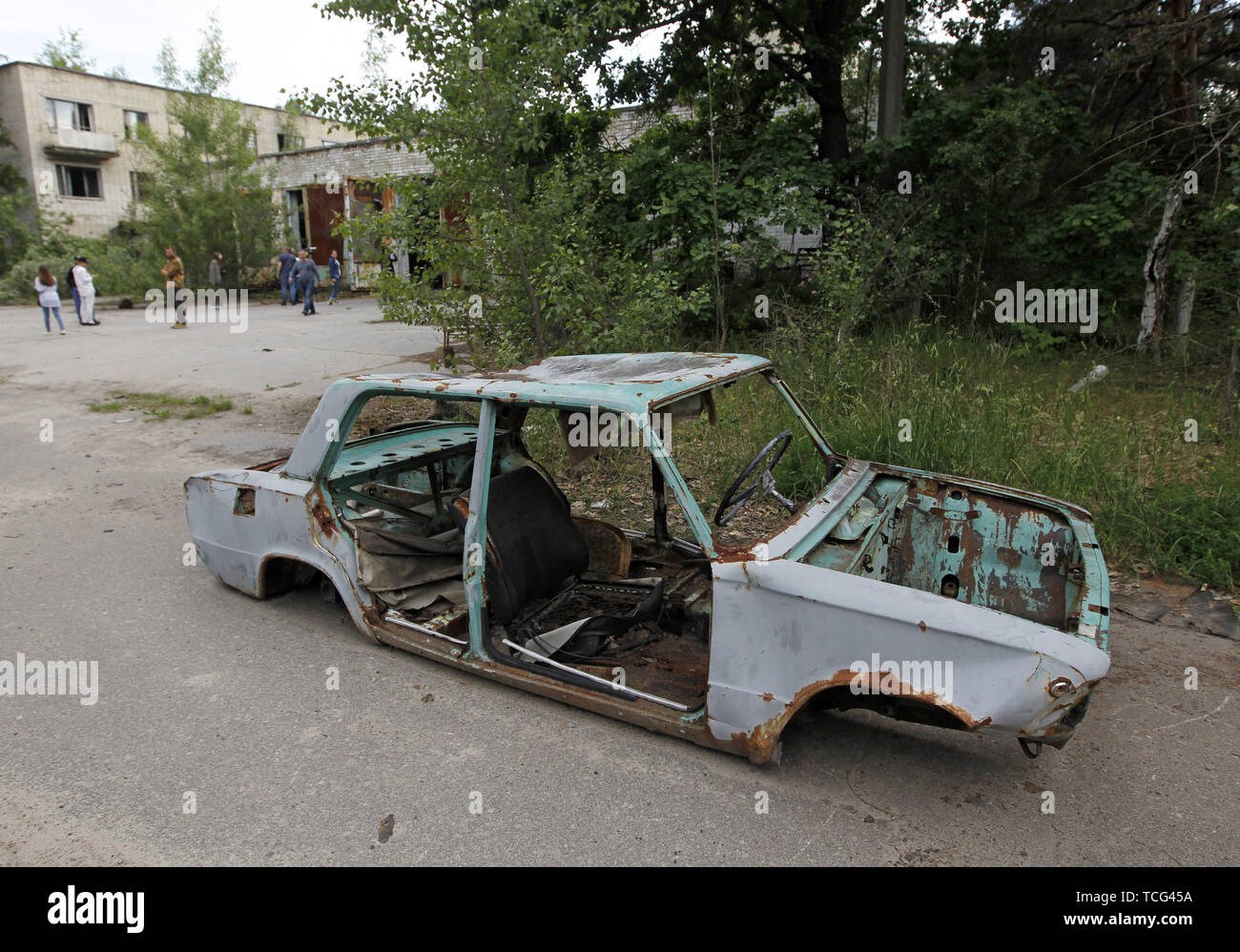 Kiev, Ukraine. 7th June, 2019. A wreckage car is seen in abandoned city ...