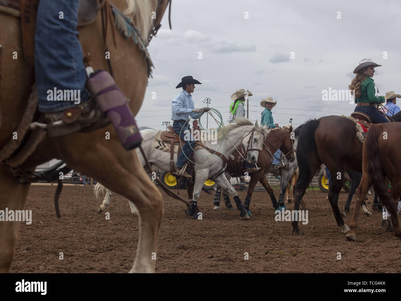 Heber City, Utah, USA. 7th June, 2019. Students on horseback warm up ...