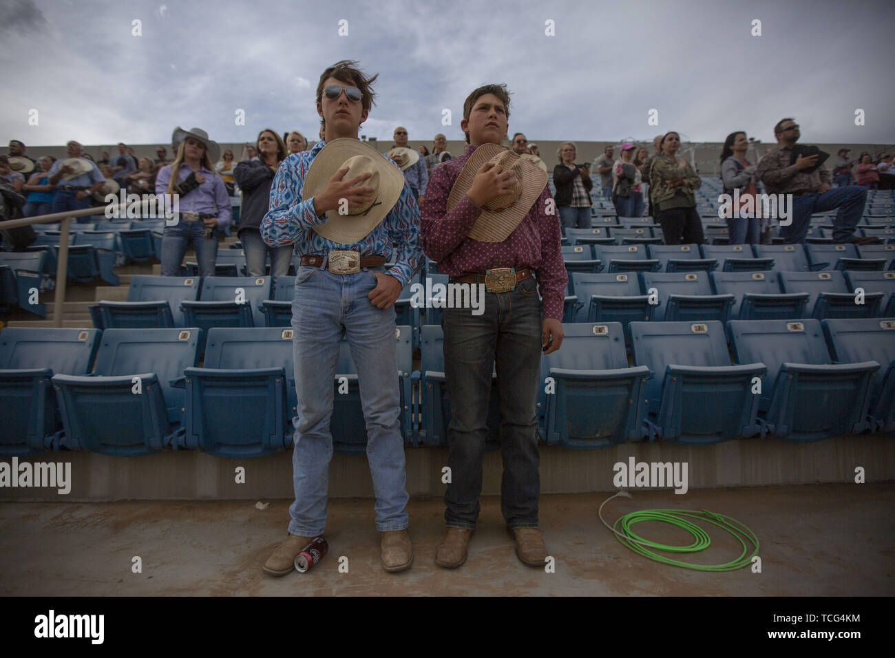 Heber City, Utah, USA. 7th June, 2019. Teenage men hold their cowboys ...