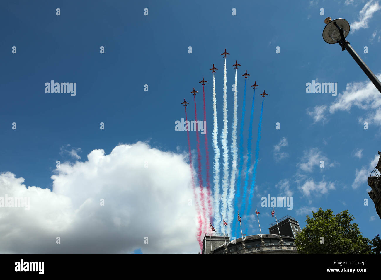 Trafalgar Square, London, UK. A fly past over Admiralty Arch from the ...