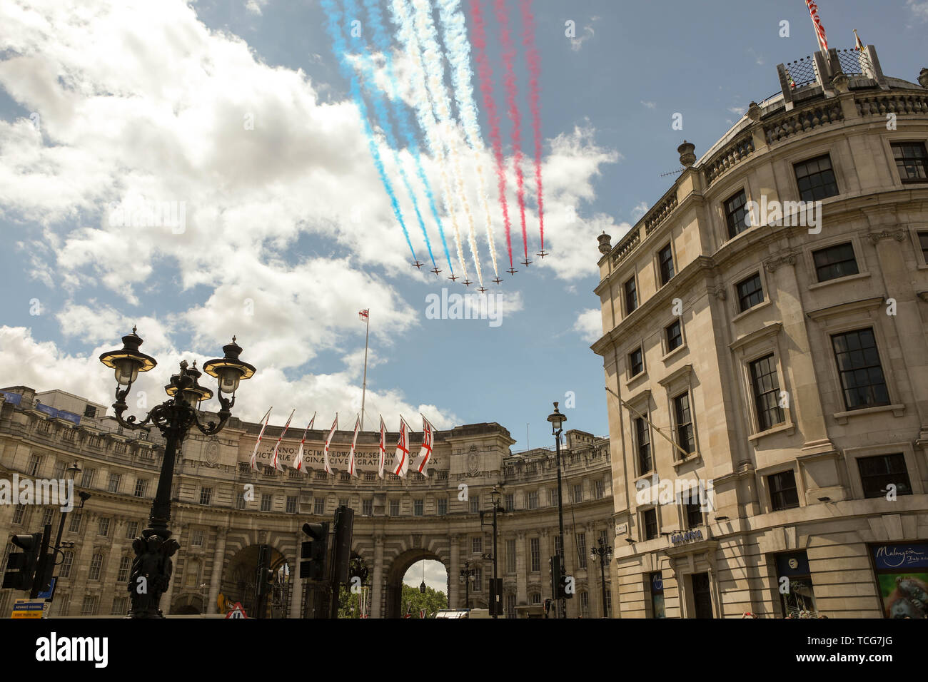 Trafalgar Square, London, UK. A fly past over Admiralty Arch from the ...