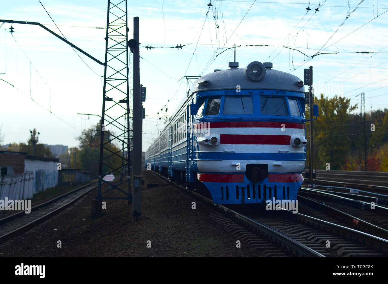 Suburban electric train. Old soviet electric train with outdated design ...