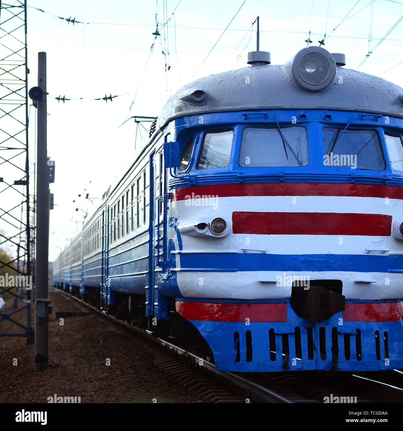 Suburban electric train. Old soviet electric train with outdated design ...