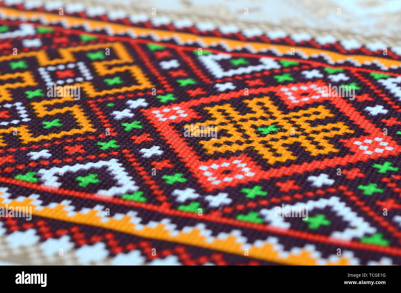 Traditional Ukrainian folk art knitted embroidery pattern on textile ...