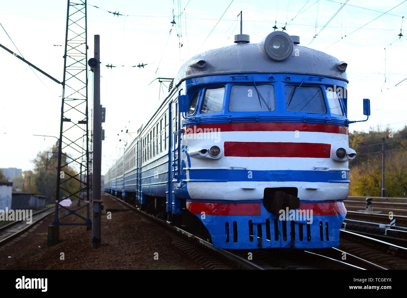 Suburban electric train. Old soviet electric train with outdated design ...