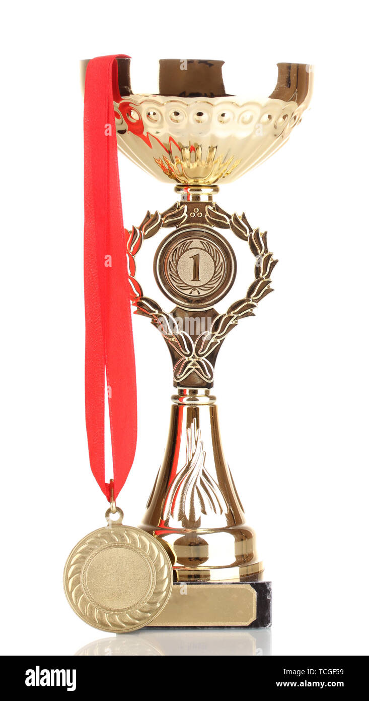 Trophy cup and medal isolated on white Stock Photo - Alamy