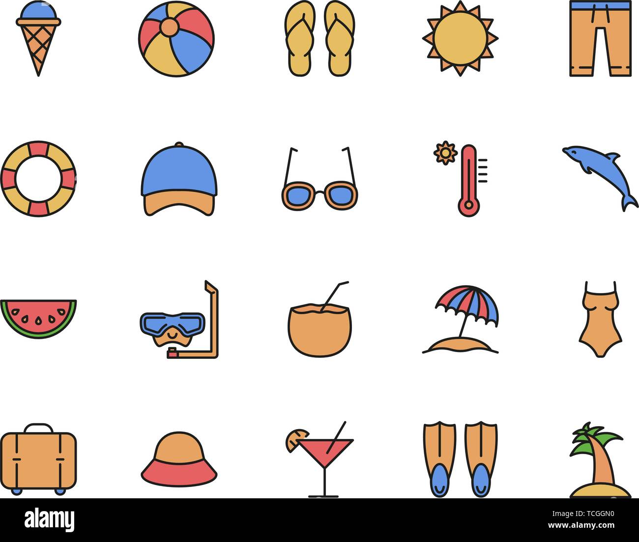 Summer set of icons in filled outline style, vacation elements vector ...