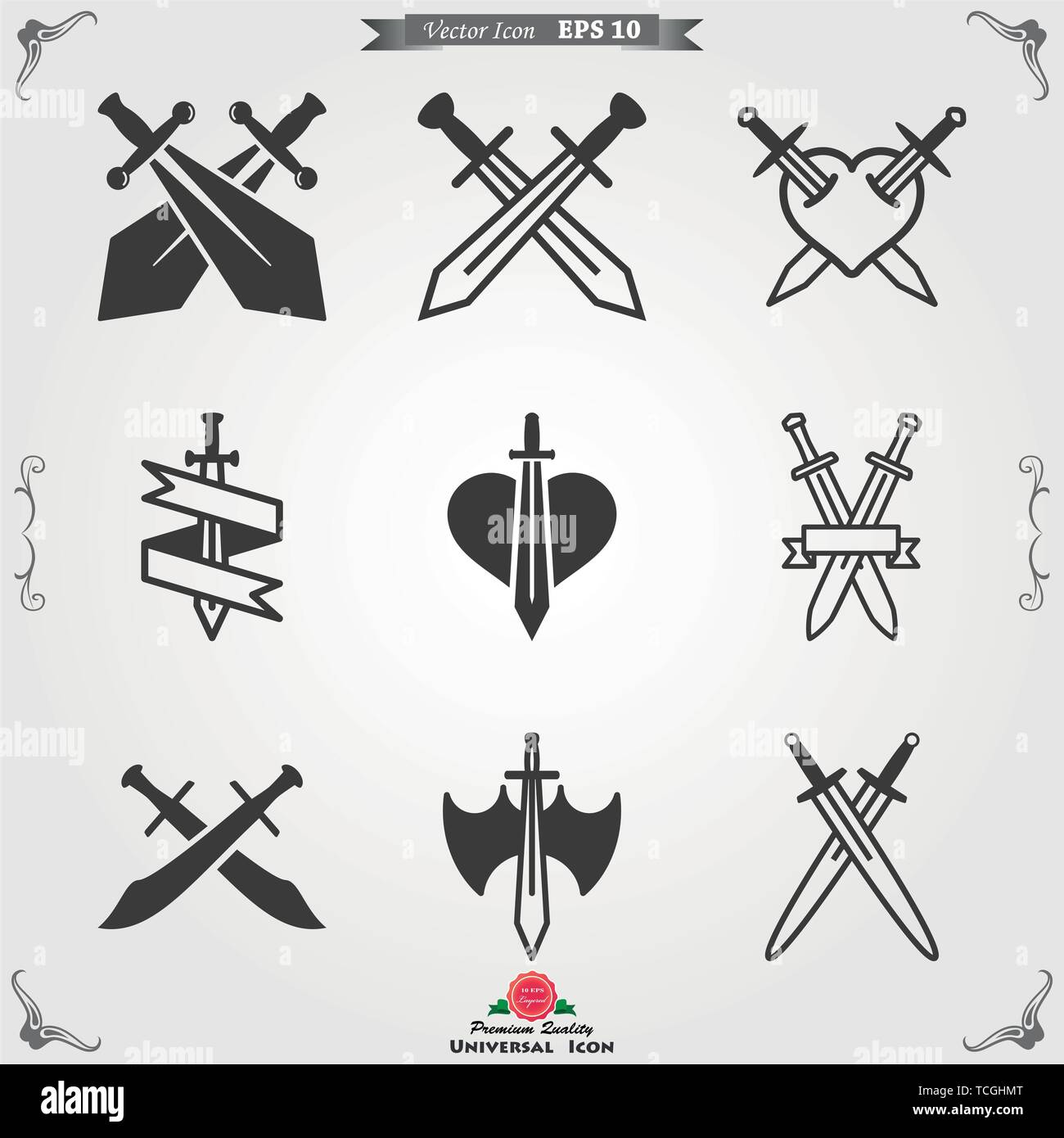 Swords cross crosswise. Vector flat outline icon illustration isolated ...