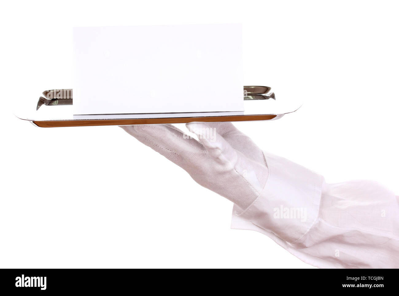 Hand in glove holding silver tray with blank card isolated on white ...