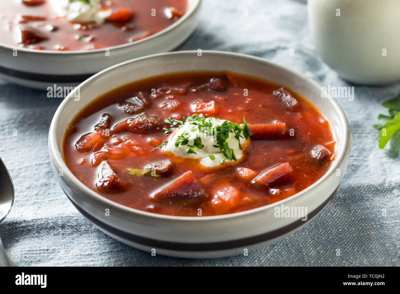 Homemade Russian Beet Borscht Soup with Horseradish Sauce Stock Photo ...