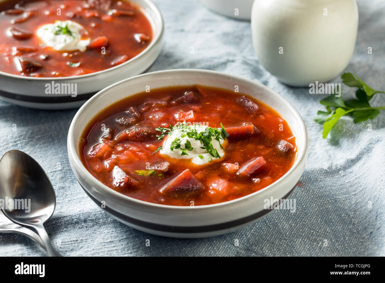 Homemade Russian Beet Borscht Soup with Horseradish Sauce Stock Photo ...