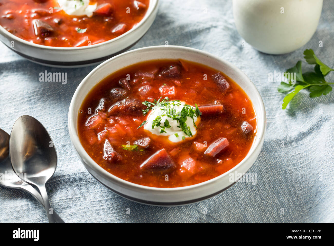 Homemade Russian Beet Borscht Soup with Horseradish Sauce Stock Photo ...