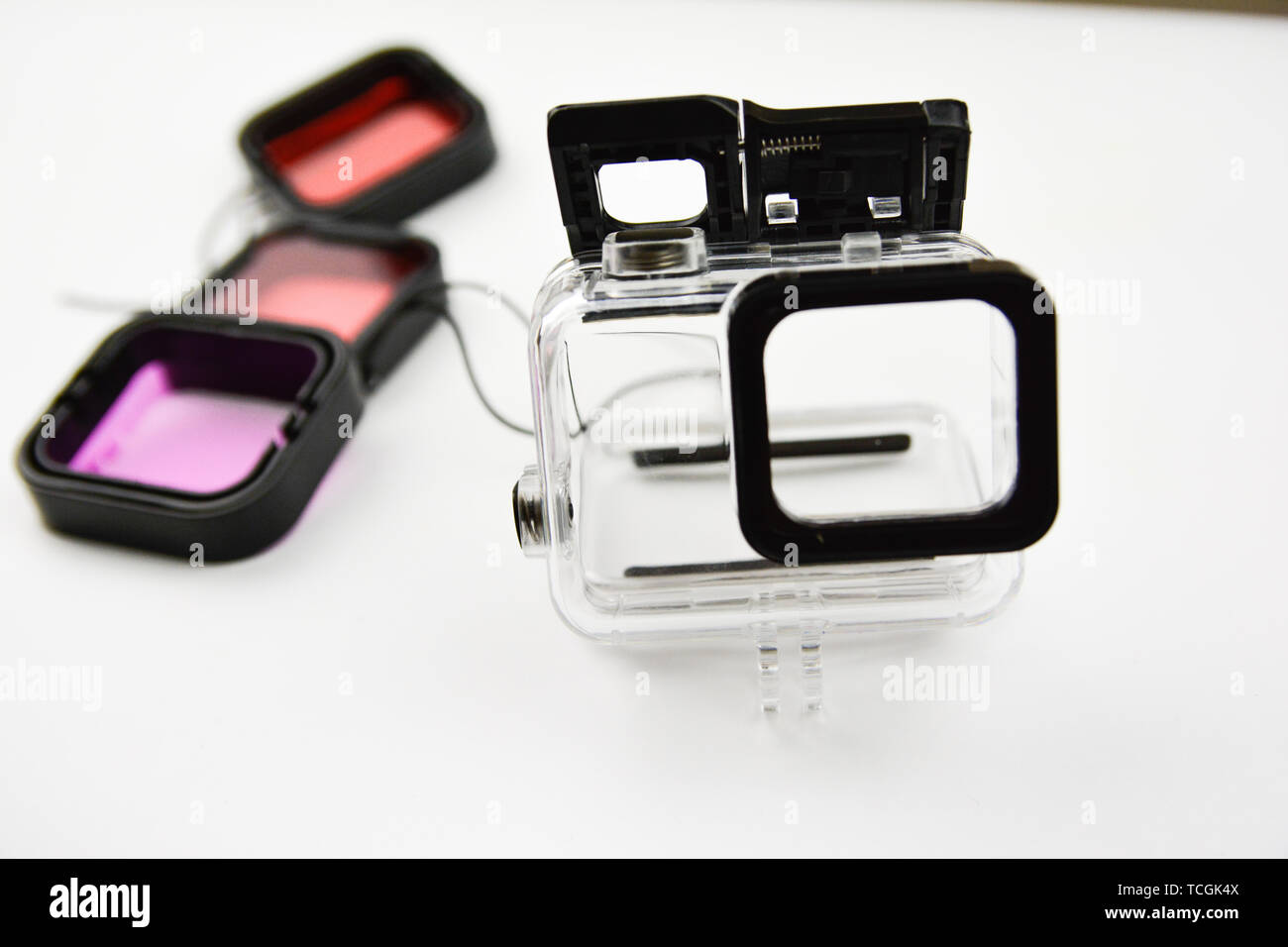 accessories for action cameras with light filters on white background ...