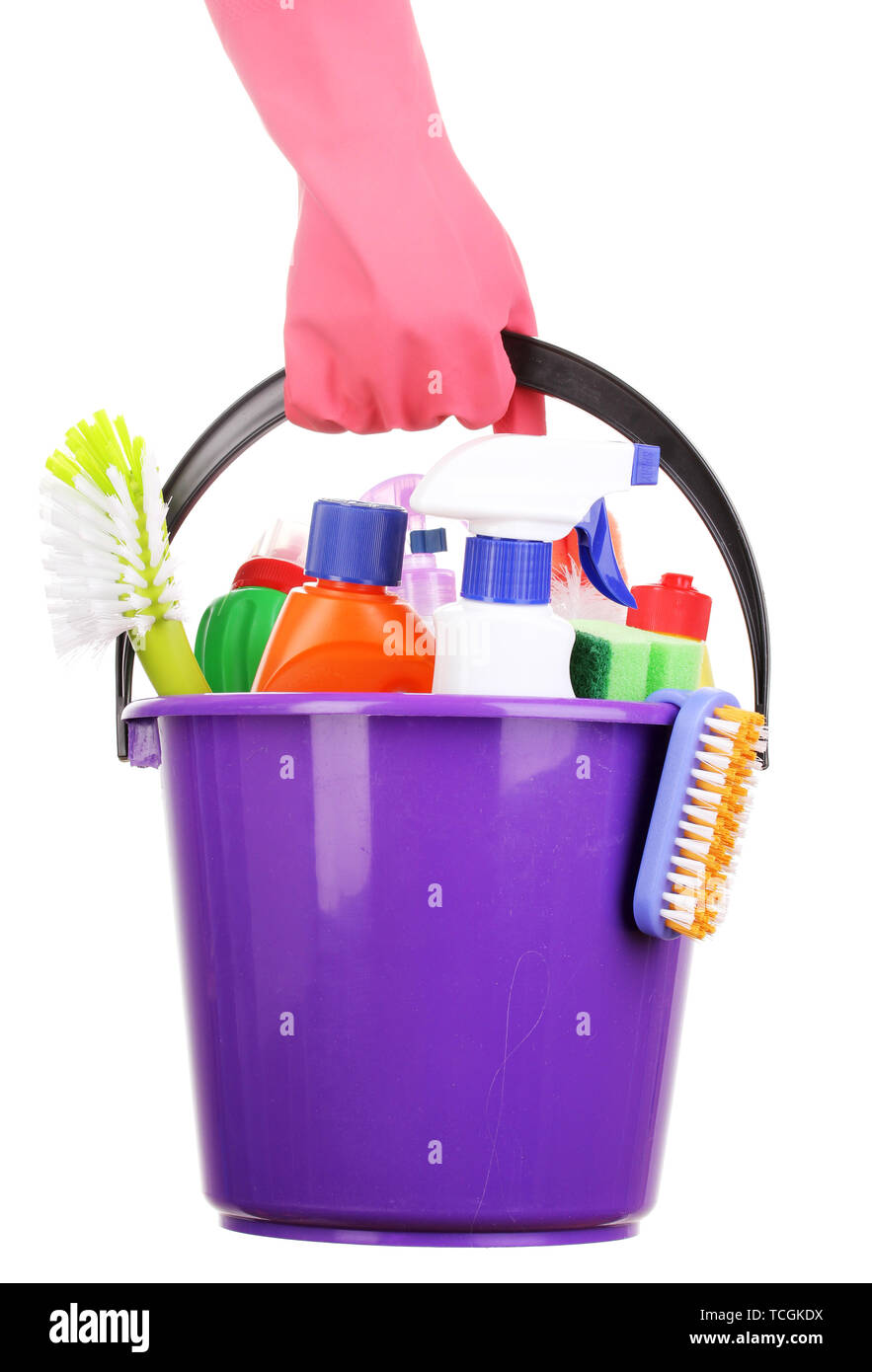 Bucket with cleaning items in hand isolated on white Stock Photo - Alamy