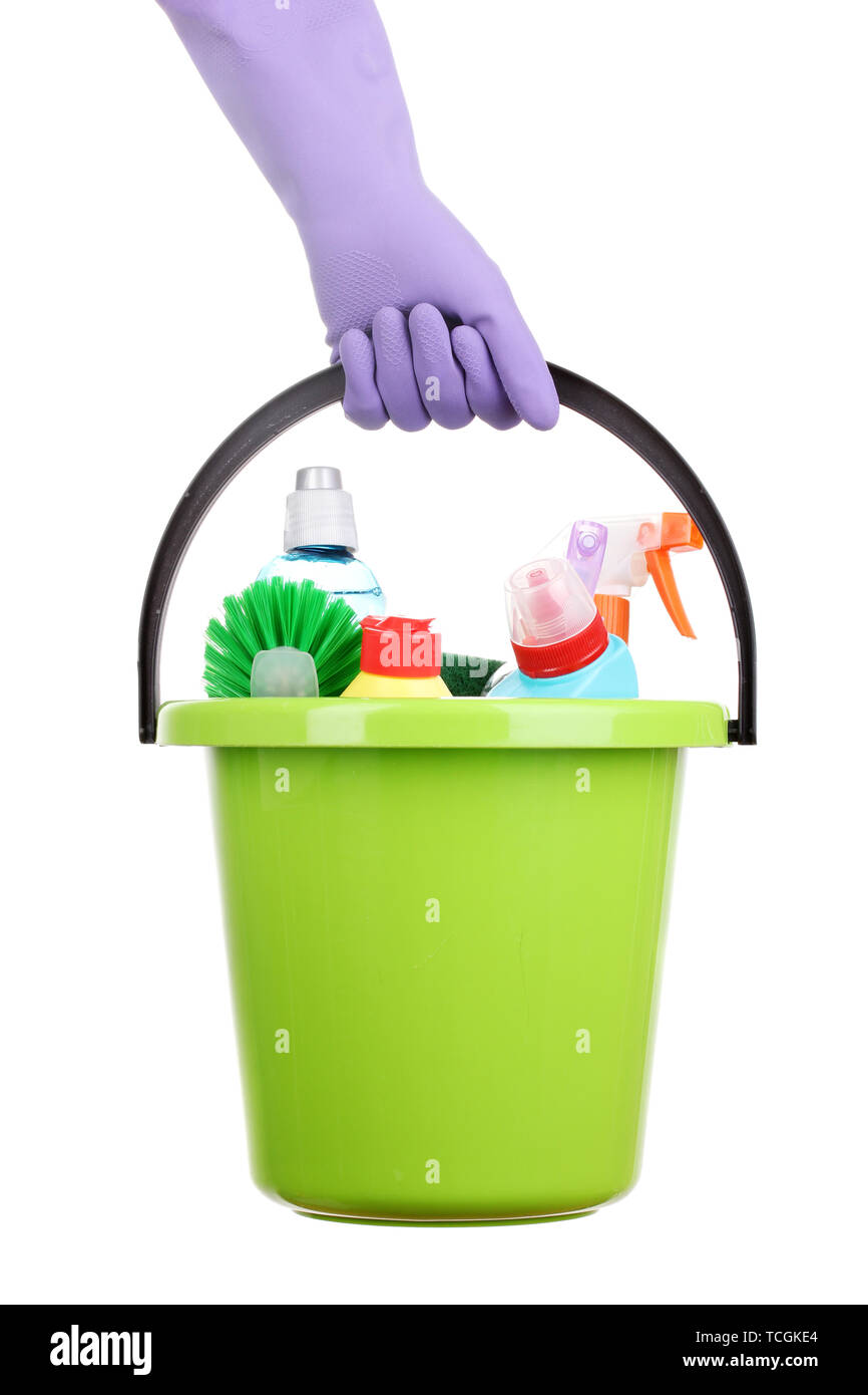 Bucket with cleaning items in hand isolated on white Stock Photo - Alamy