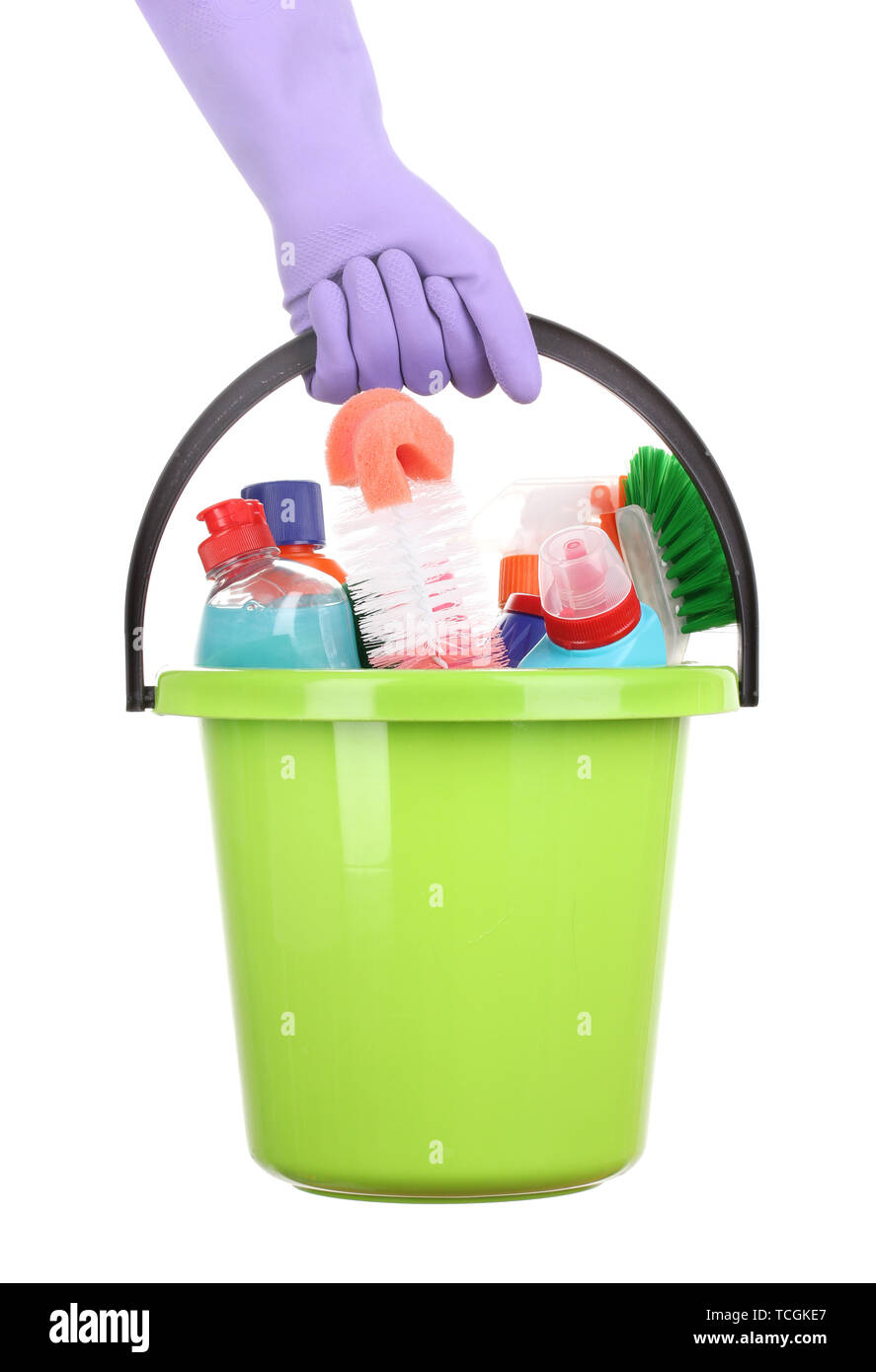 Bucket with cleaning items in hand isolated on white Stock Photo - Alamy