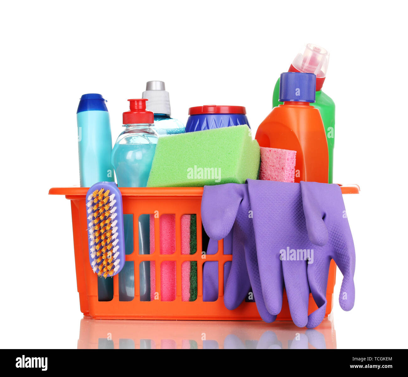 Cleaning items in plastic basket isolated on white Stock Photo - Alamy