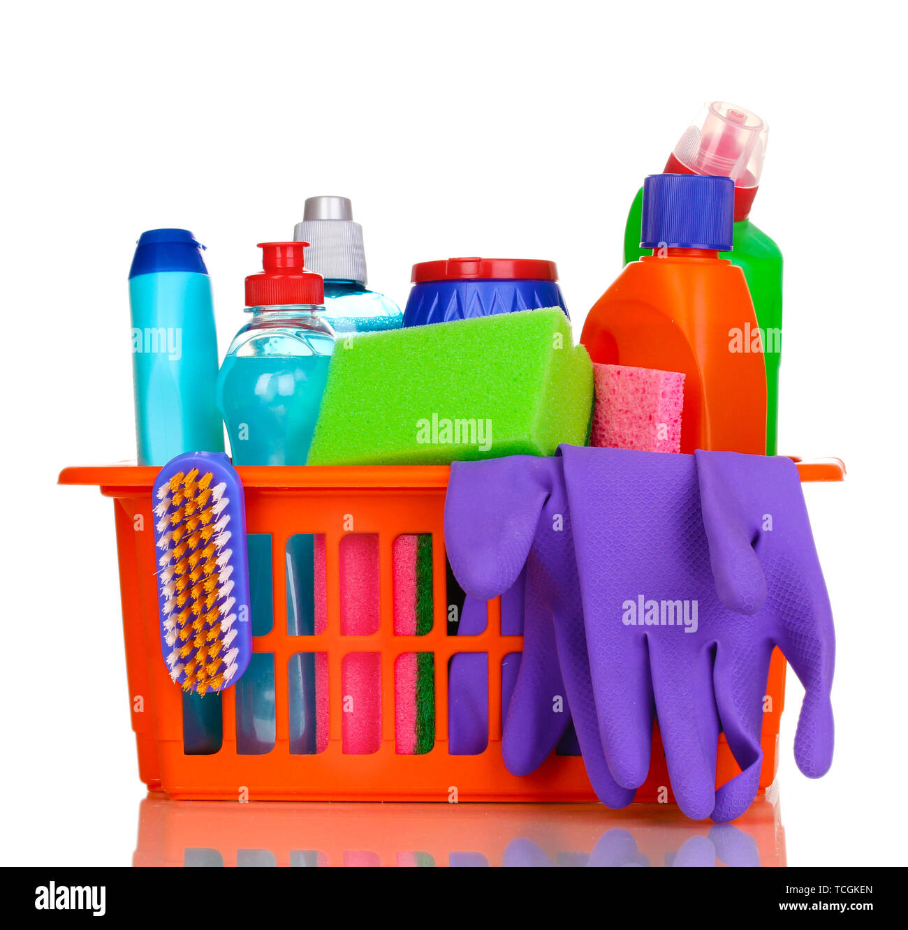 Cleaning items in plastic basket isolated on white Stock Photo - Alamy