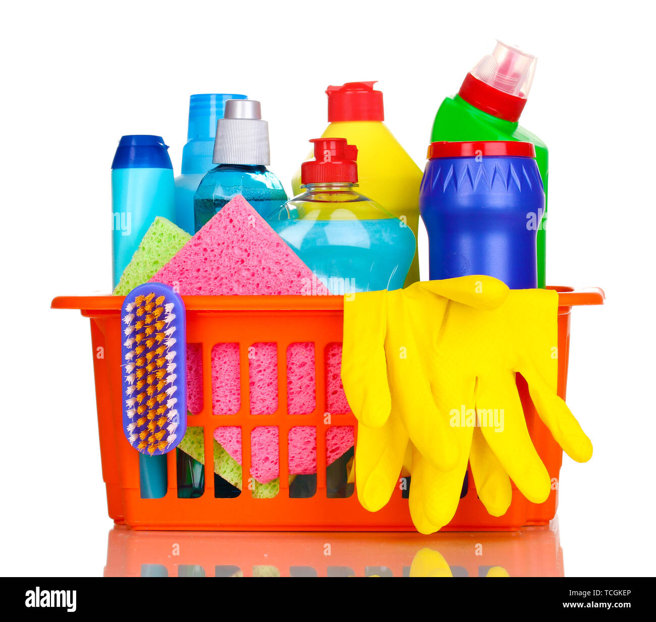 Cleaning items in plastic basket isolated on white Stock Photo - Alamy