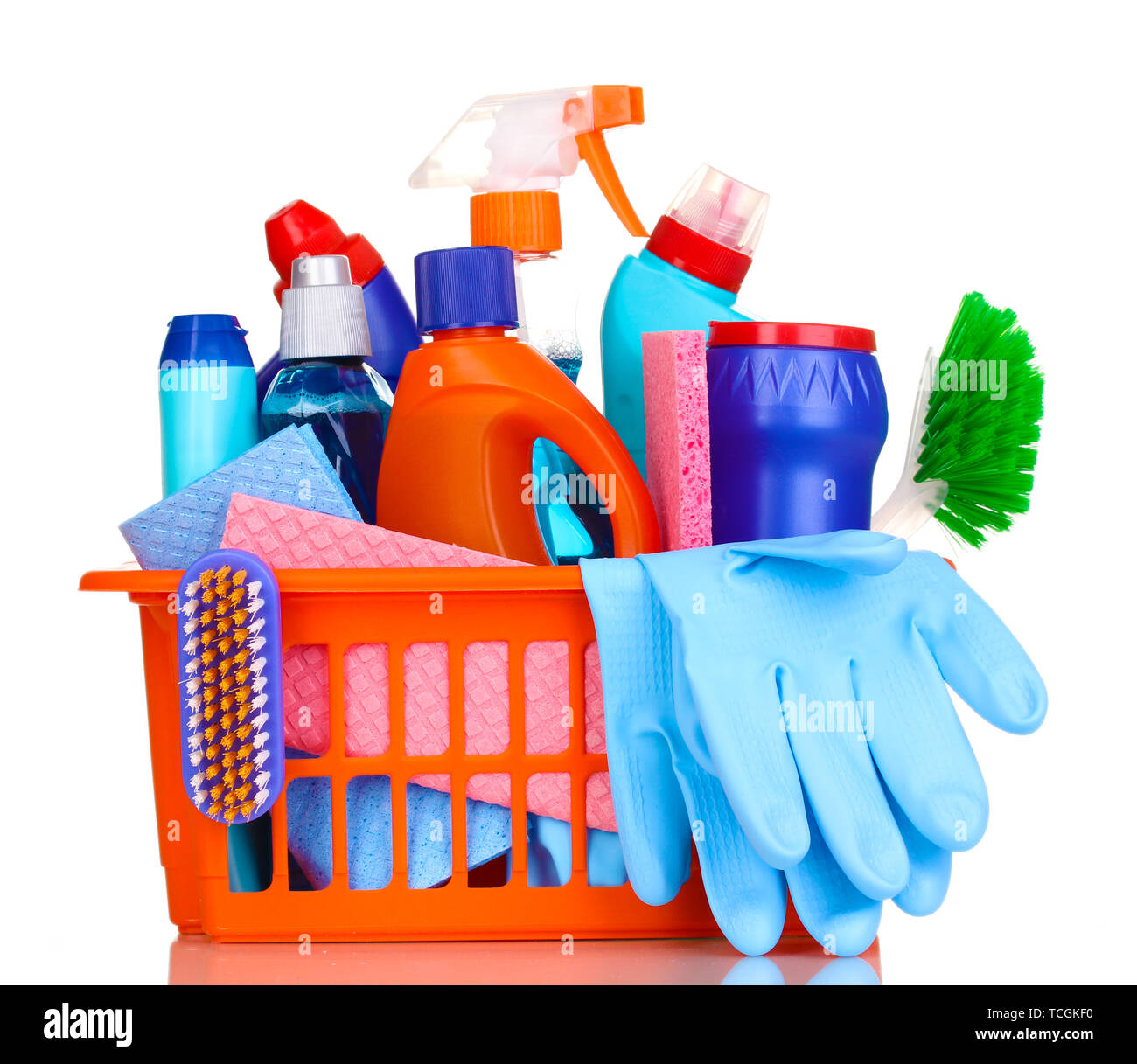 Cleaning items in plastic basket isolated on white Stock Photo - Alamy