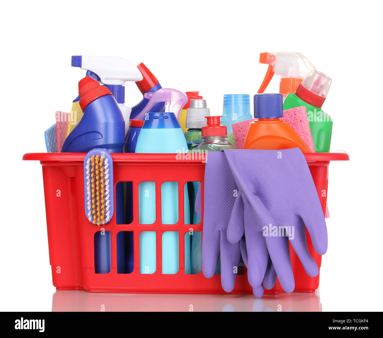 Cleaning items in plastic basket isolated on white Stock Photo - Alamy
