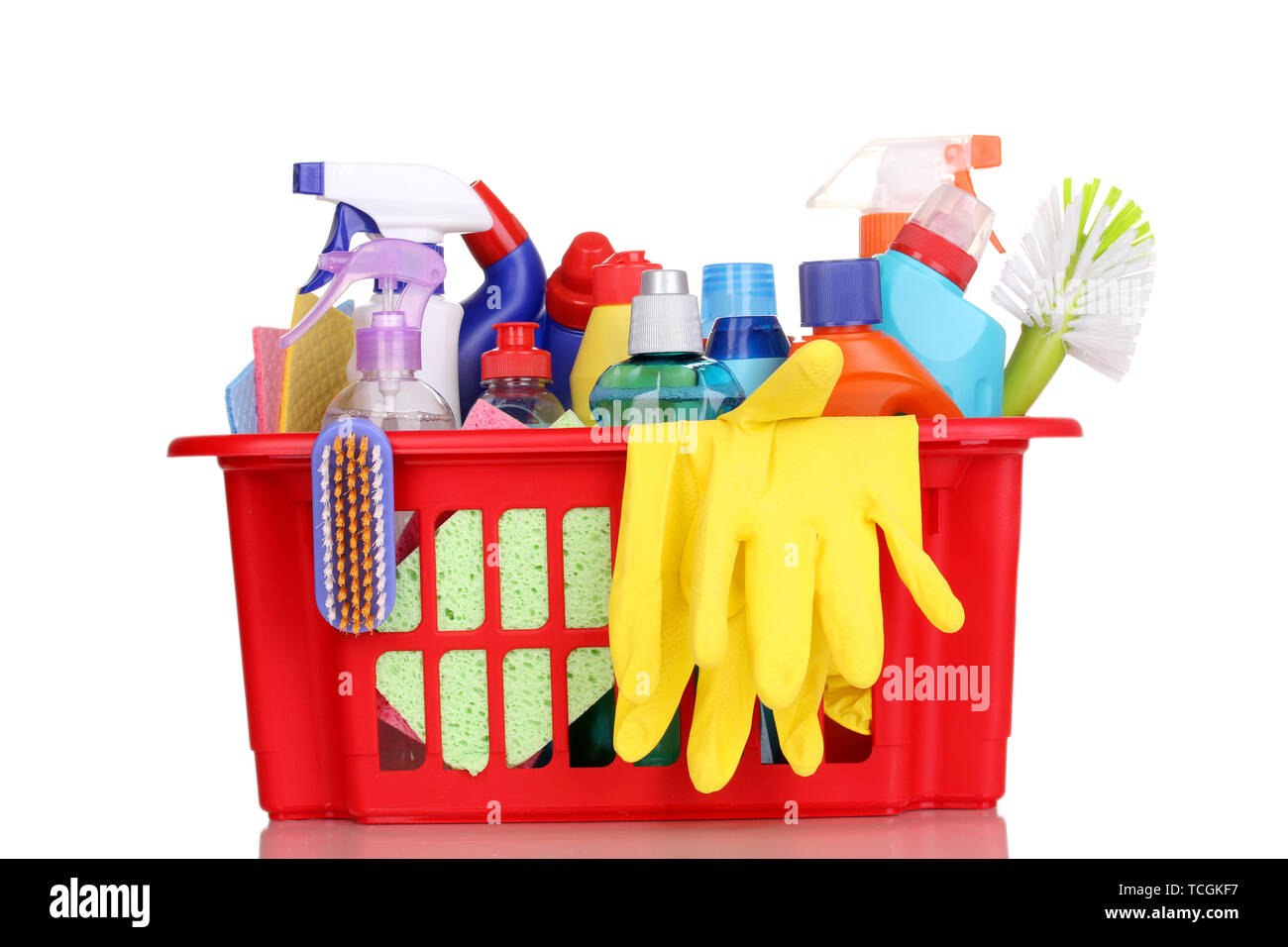 Cleaning items in plastic basket isolated on white Stock Photo - Alamy