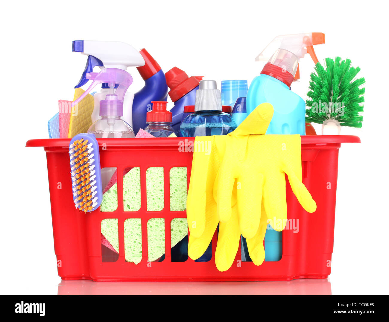 Cleaning items in plastic basket isolated on white Stock Photo - Alamy