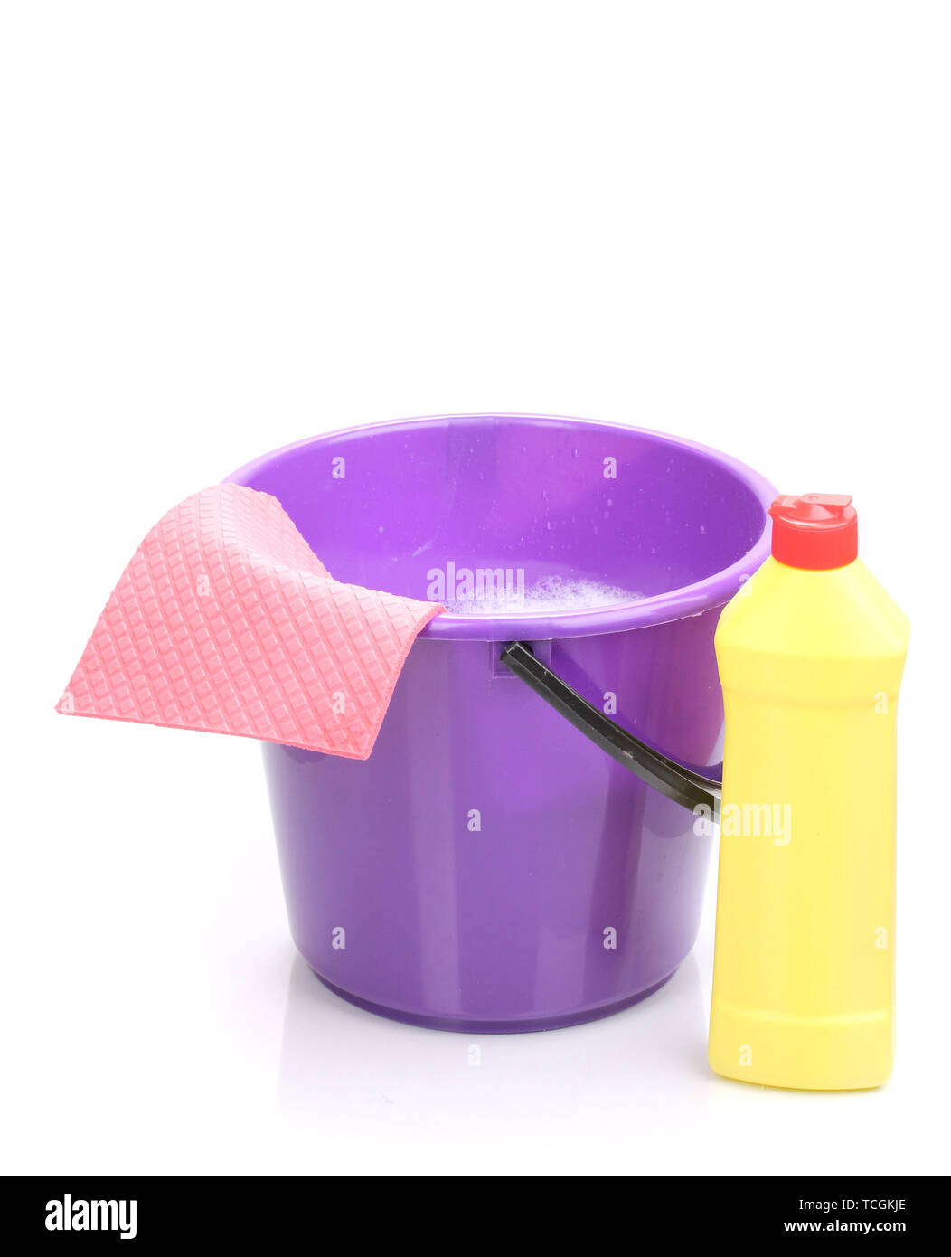 Bucket with detergent and cloth for cleaning isolated on white Stock ...