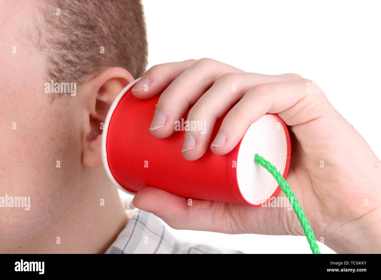 Human ear and paper cup near it close-up isolated on white Stock Photo ...