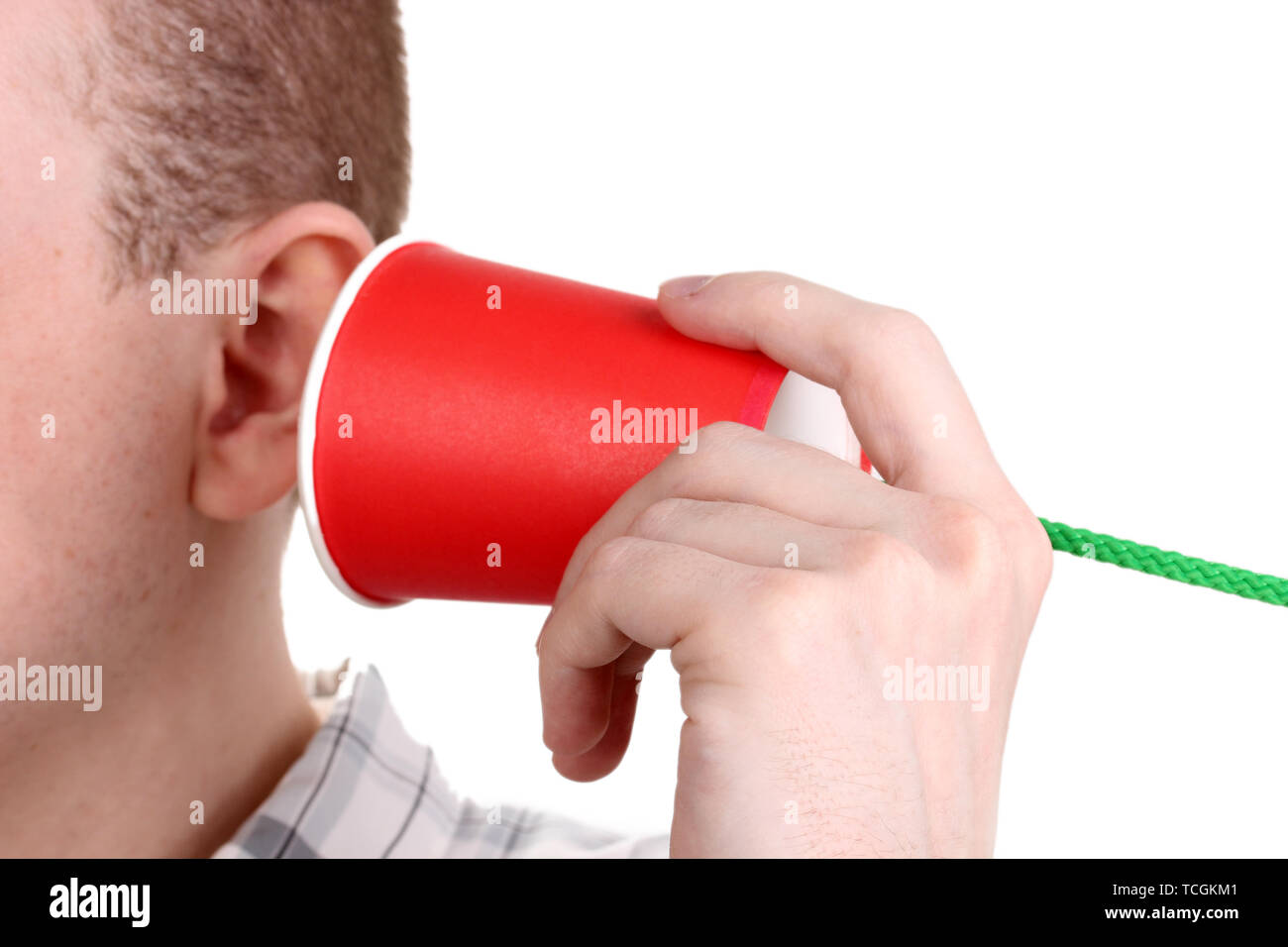 Human ear and paper cup near it close-up isolated on white Stock Photo ...