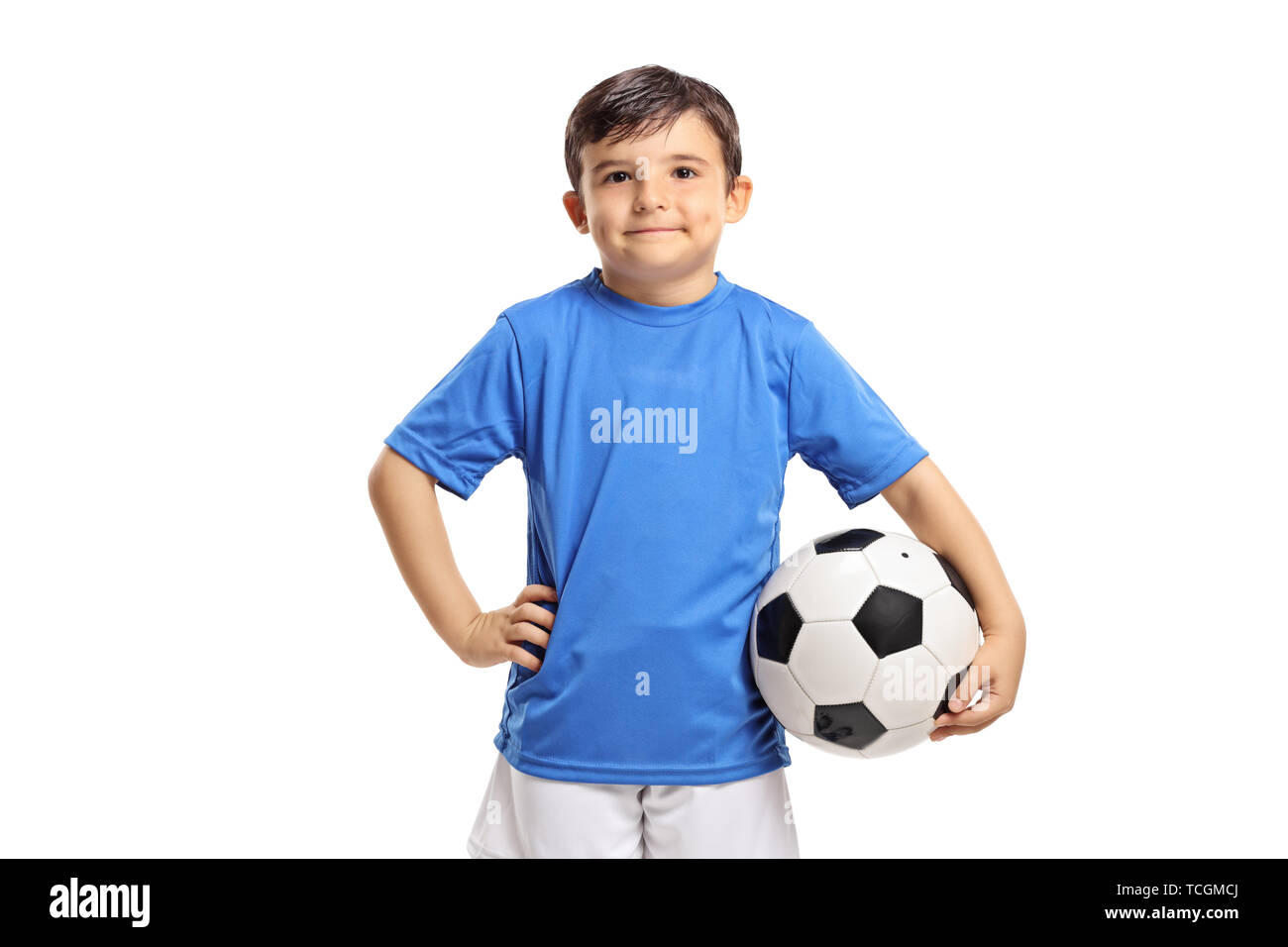 Little kid footballer isolated on white background Stock Photo - Alamy