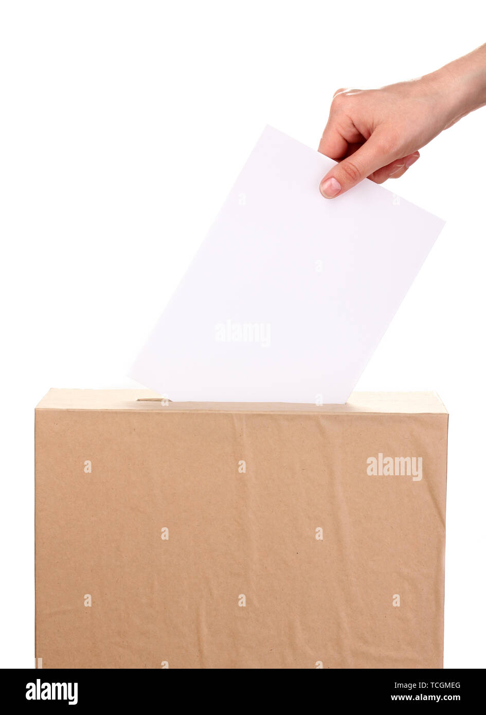 Hand with voting ballot and box isolated on white Stock Photo - Alamy